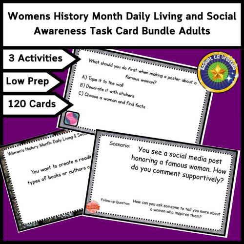 Womens History Month Daily Living and Social Awareness Task Card Bundle ...