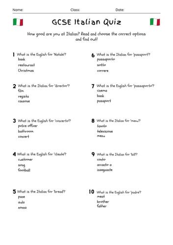 20 GCSE Foundation Level Italian Multiple Choice Quiz Worksheets PDF