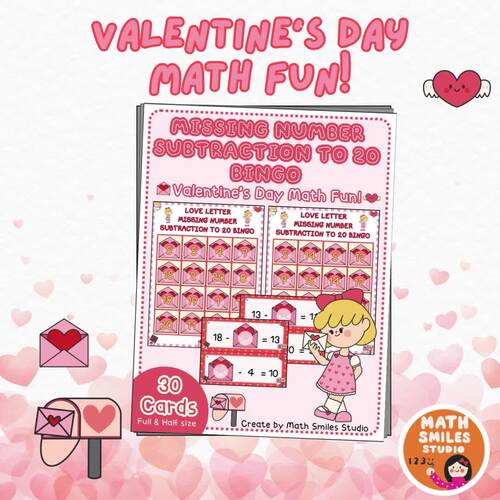 Valentine Missing Number Subtraction to 20 Bingo | Math Center Game ...