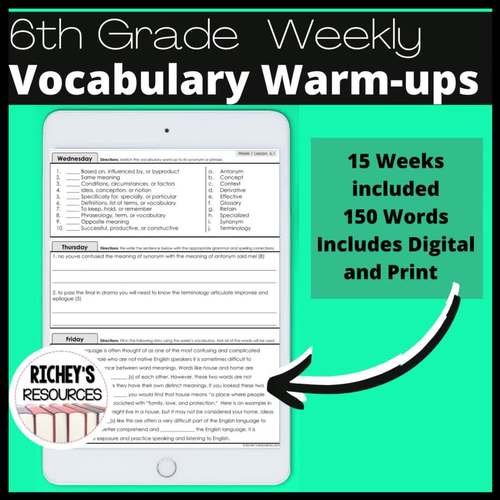 6th Grade Vocabulary For Achievement Weekly Warm-ups 1-15 Digital and Print
