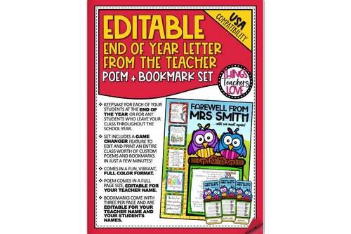 EDITABLE End of Year Letter, Teacher to Students Keepsake Poem and ...