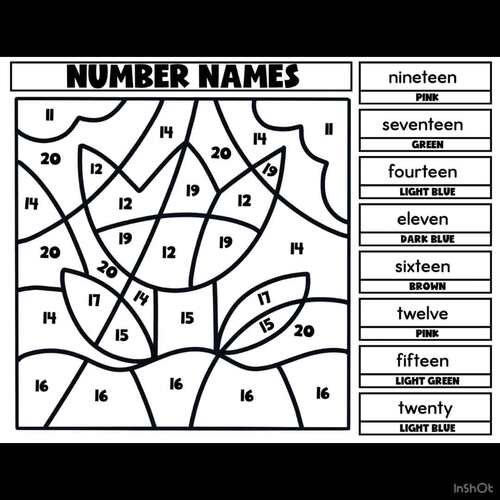 Numbers Names 11-20 | Color-by-Code Spring Math Worksheets for 1st Grade