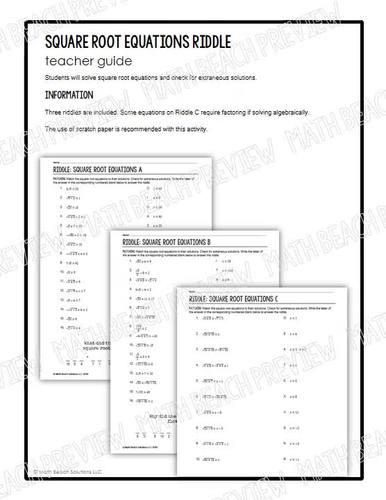 Square Root Equations Riddle Activity by Math Beach Solutions | TpT