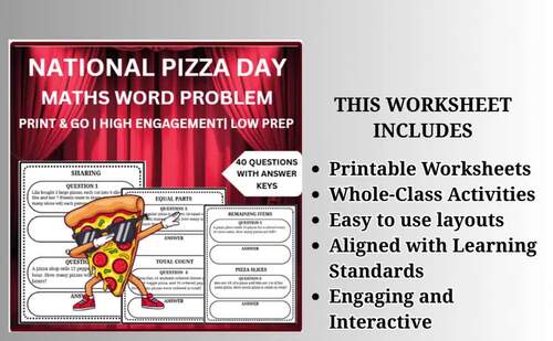 NATIONAL PIZZA DAY MATHS WORD PROBLEMS | 40 Q&A KEYS | GRADE 3-8