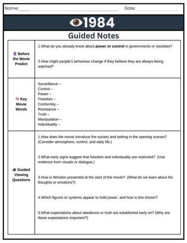 1984 | Guided Movie Notes, Book comparision,Critical Thinking, No-Prep ...