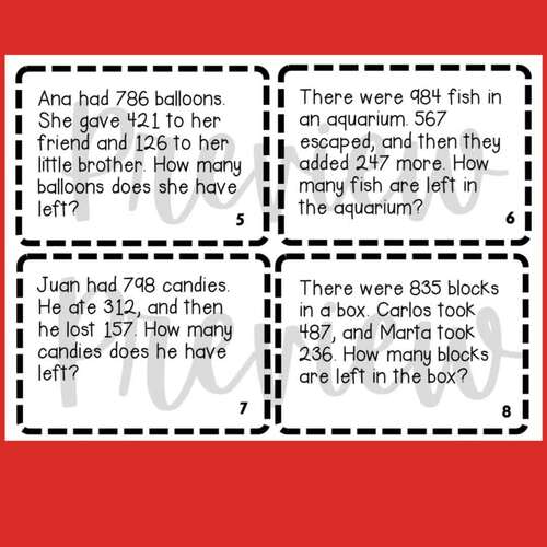 Subtraction Three-Digit Word Problems Task Cards | TPT Subtraction Three-Digit Word Problems Task Cards | TPT