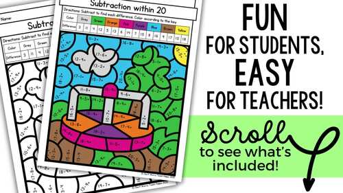 Color By Number Addition and Subtraction Within 20 Coloring Worksheets