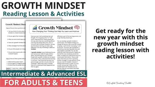 Growth Mindset New Year Activity Reading Worksheets Adult ESL & High School