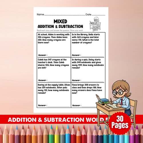 4th Grade Mixed Addition & Subtraction Word Problems | Back to School ...