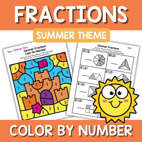 Summer Fractions Color by Number | Math Center Station Worksheet 2nd ...