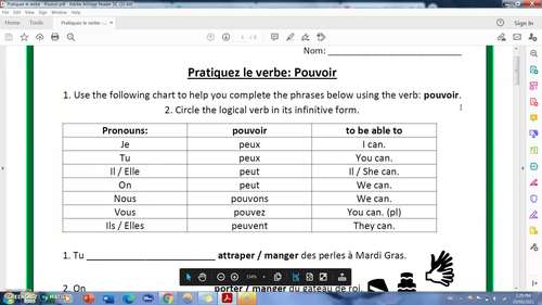 Pratiquez le verbe: pouvoir (Mardi Gras-themed French Verb Worksheet)