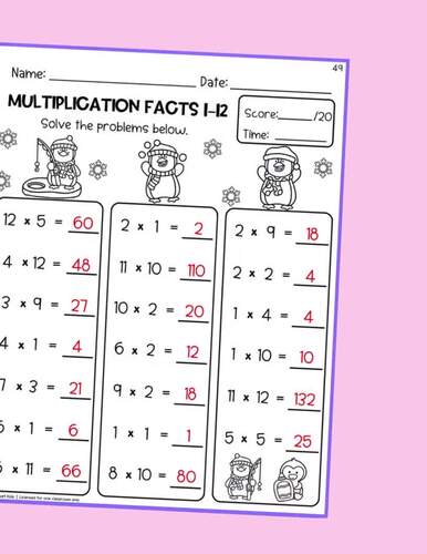 Penguin Multiplication Facts 1–12 Worksheets Winter Math Drills No-Prep ...