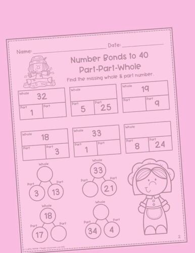 Thanksgiving Number Bonds to 40 Worksheets | Part-Part-Whole Missing ...