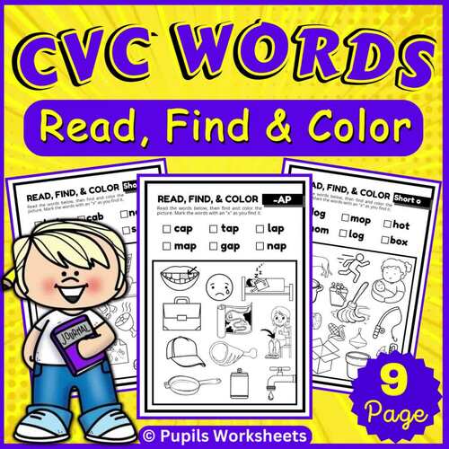 VC Words Worksheets: Read, Find, and Color - CVC Words Phonics Worksheets