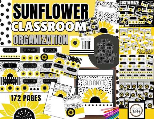Sunflower Classroom Decor| Sub Binder & Notes| Sunflower Labels| Back ...