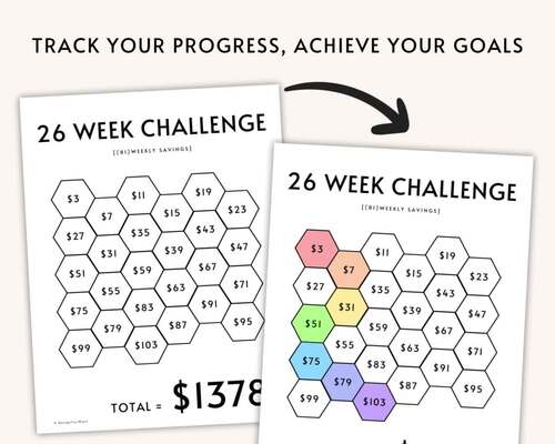 26 Week Savings Challenge, Save $1378 in 26 Weeks, Printable Money Tracker