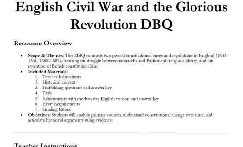 English Civil War and Glorious Revolution DBQ by PBL History & Civics