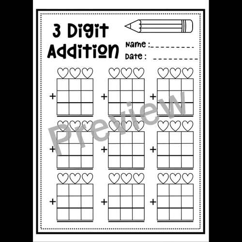 Template for adding and subtracting numbers, 2-7 digits | Valentine's ...