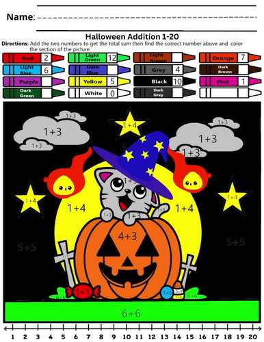 Halloween Color (Cute Cat) By Addition 1-20 with Numberline No Prep