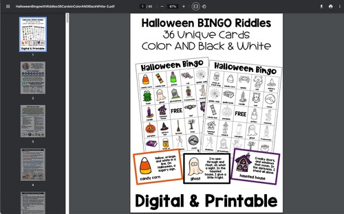 Halloween Bingo Game in Color and Black and White for 36 Students
