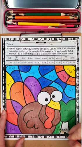 Thanksgiving Math Multiplication Color by Number Worksheets by Raven R Cruz