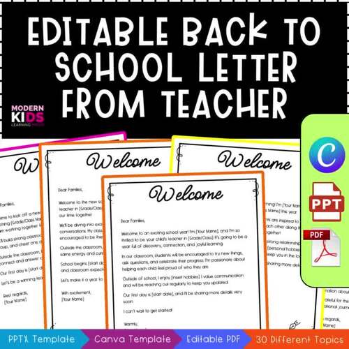 Editable Back to School Letter from Teacher to Family – 30 Different Topics