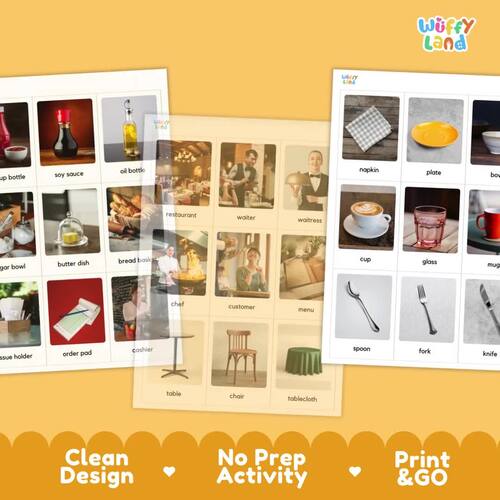 At the Restaurant Flashcards | ESL Vocabulary Picture Cards by Wuffyland