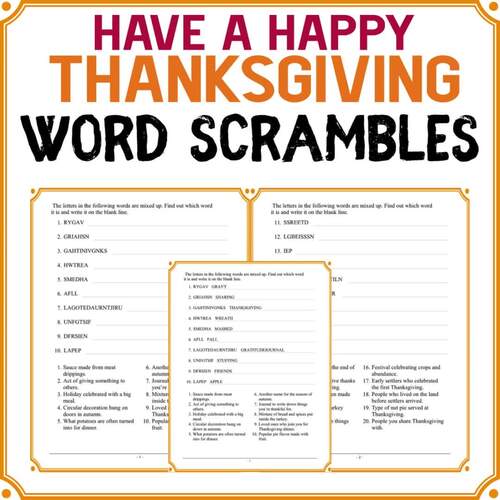 Happy Thanksgiving Word Scrambles Puzzle - Autumn Vocabulary Activities