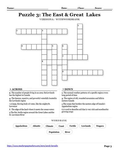 Canadian Geography Pack 2 Physical Regions Crossword Puzzle With Word Banks