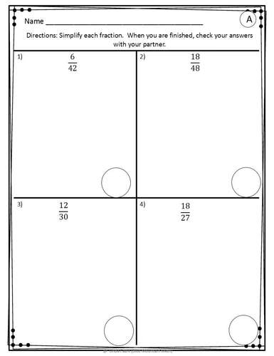 Simplifying Fractions Partner Practice by Blue Mountain Math | TPT