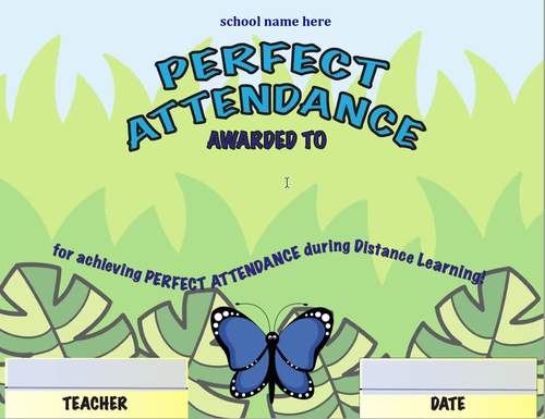 Distance Learning Certificate- Perfect Attendance! Editable PDF | TPT