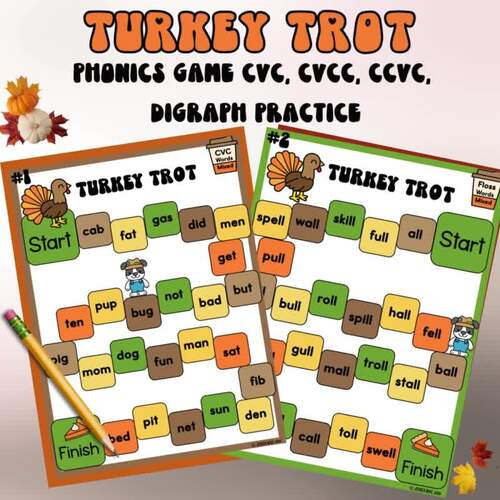 Turkey Trot Thanksgiving Phonics Board Games CVC, CVCC, CCVC, Digraph ...