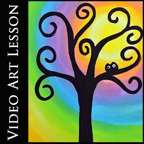 Video Art Lesson Drawing & Painting a Spring Rainbow Swirly Tree Project