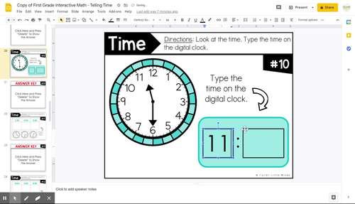 Telling Time to the Half Hour First Grade Math Activity for Google Slides