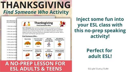 Thanksgiving Speaking Activities Adult ESL Thanksgiving Lesson - No Prep!