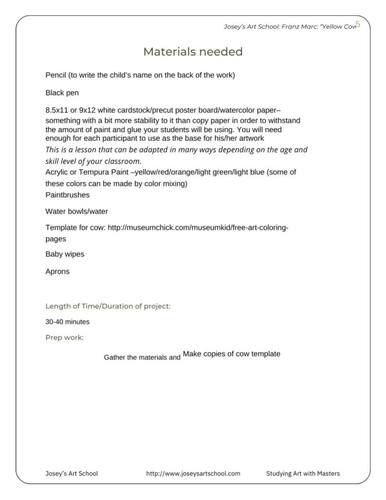 Franz Marc Art Lesson Yellow Cow History Facts Writing Activity ...