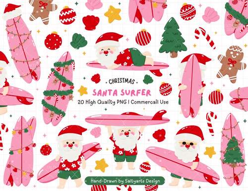 Tropical Christmas Clipart, Santa Surfer PNG, Summer Christmas Clipart