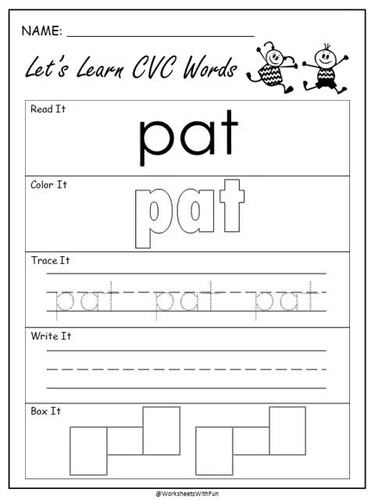 CVC Word Practice Worksheets – Read Color Trace Write Box It | Phonics ...