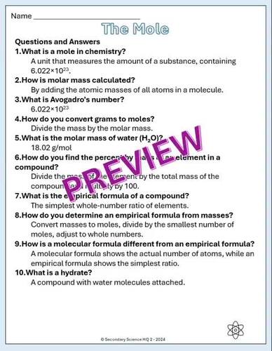 The Mole | Chemistry Printable Study Guide and Review by Secondary ...