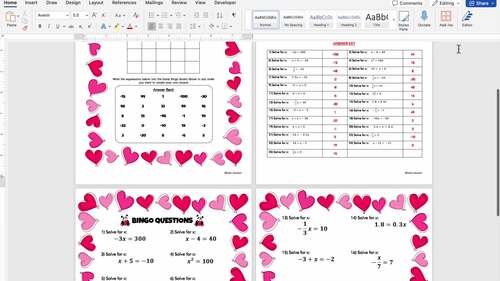 6th Grade Math Valentine's Day Review Activity: BINGO Game (One-Step ...