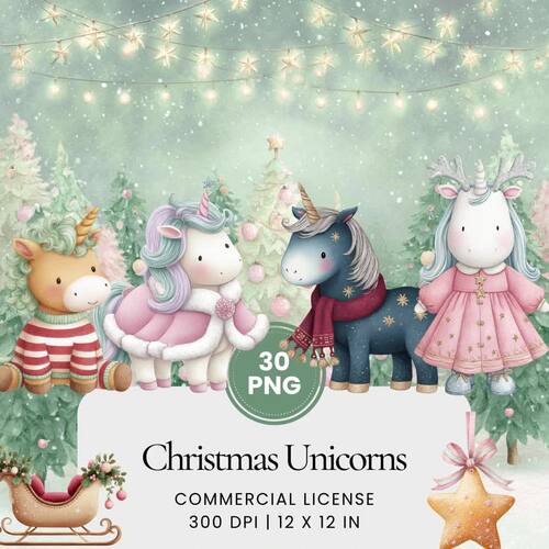 Magical Christmas Unicorns Watercolor Clipart by Ikota Design | TPT