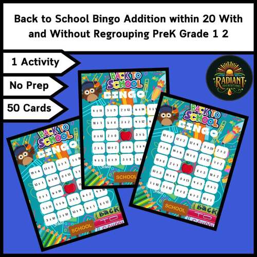 Back to School Bingo Addition within 20 With and Without Regrouping K ...