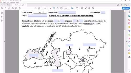 Central Asia and the Caucasus Full Fill-In Map (Distance Learning Friendly)