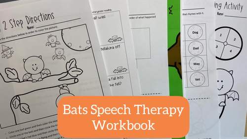 Bat Themed Language and Articulation Workbook for Speech Therapy NO PREP