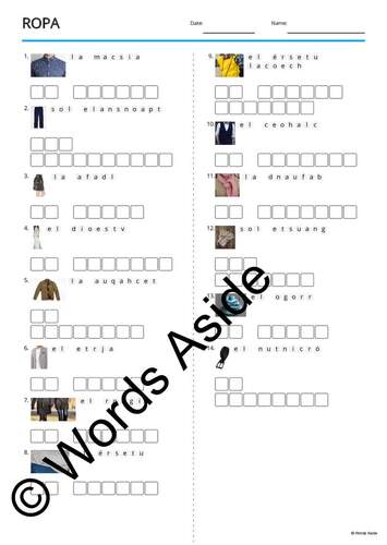 Spanish Vocabulary Worksheets Cards Crossword Word Search Anagram CLOTHES