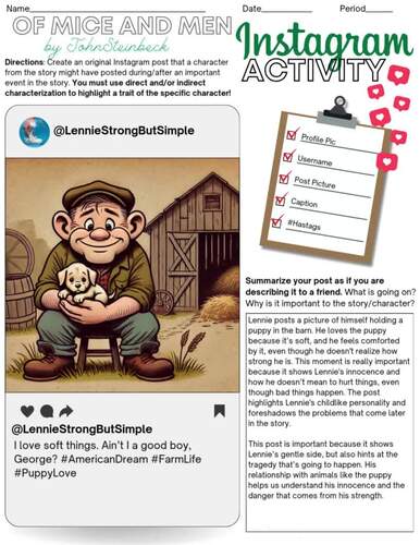 "Of Mice and Men" Instagram Character Trait Activity - CCSS, Student ...