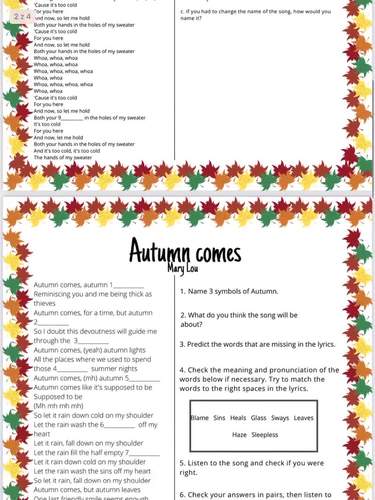 Fall Songs worksheets | Listening activities popular songs ESL by DominikaR