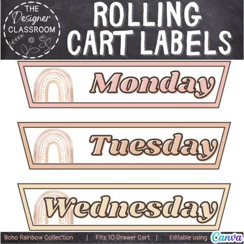 Canva Rolling Cart Labels Template | Boho Rainbow Classroom Decor