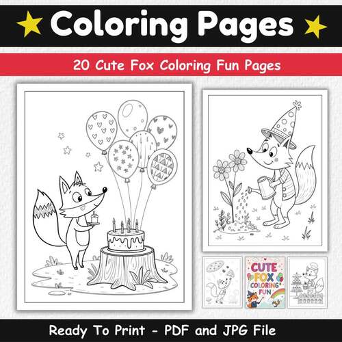 Cute Fox coloring pages, digital coloring pages, coloring Sheets For Kids