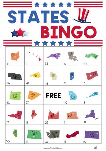 50 States Bingo Cards (5x5), US States And Capitals, 50 States Bingo Game